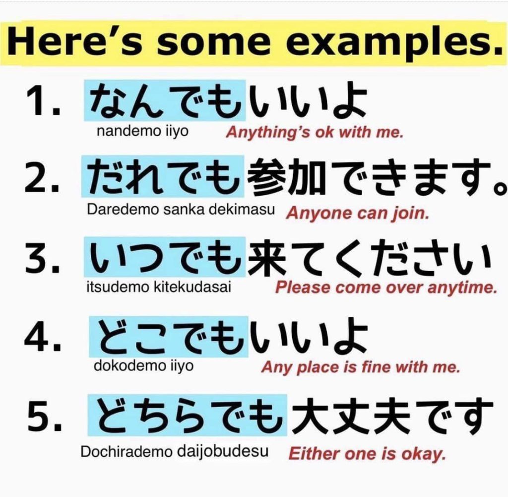 Question words + ( も / でも) and examples in Japanese